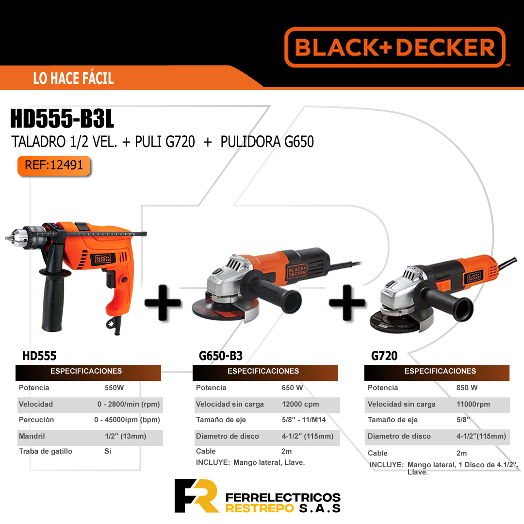 Taladro 1/2 + Pulidora G720 + Pulidora G650 HD555-B3L Black & Decker ...